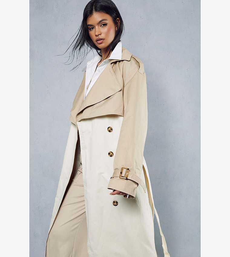 Buy MissPap Oversized Contrast Tonal Trench Coat In Beige | 6thStreet UAE