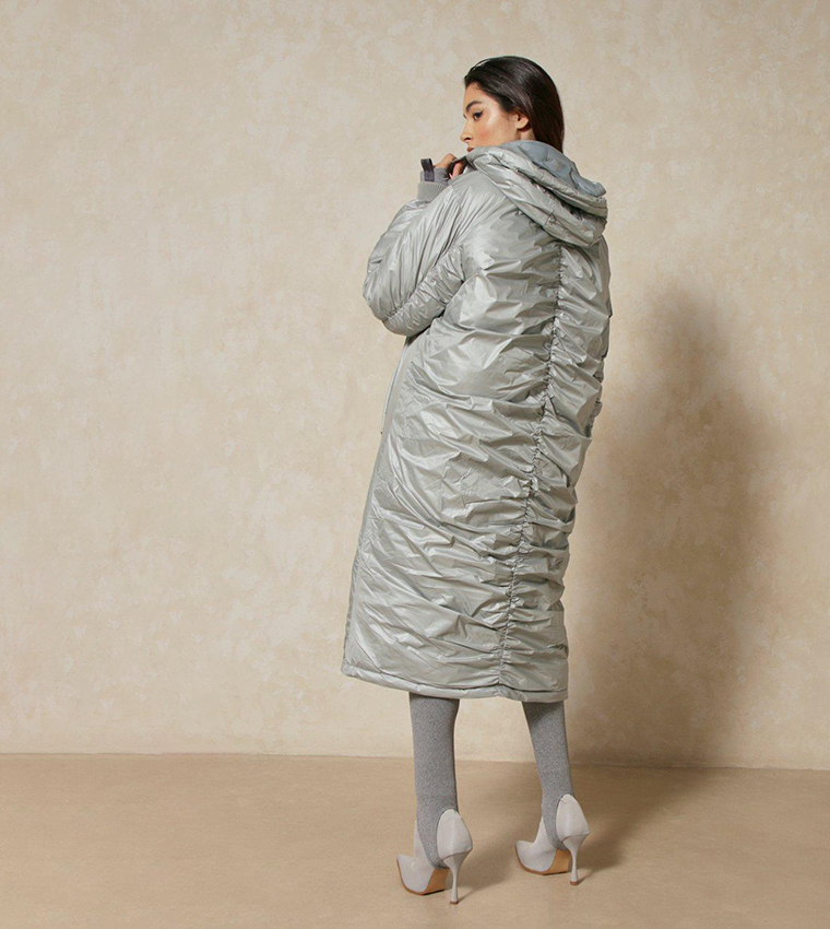 Buy MissPap Ruched Longline Hooded Puffer Coat In Green | 6thStreet ...