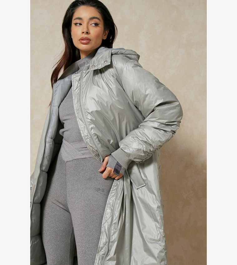 Buy MissPap Ruched Longline Hooded Puffer Coat In Green | 6thStreet Oman