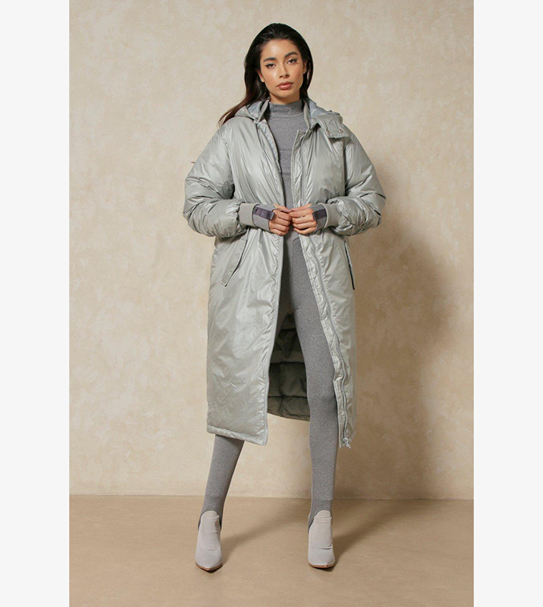 Buy MissPap Ruched Longline Hooded Puffer Coat In Green | 6thStreet Qatar