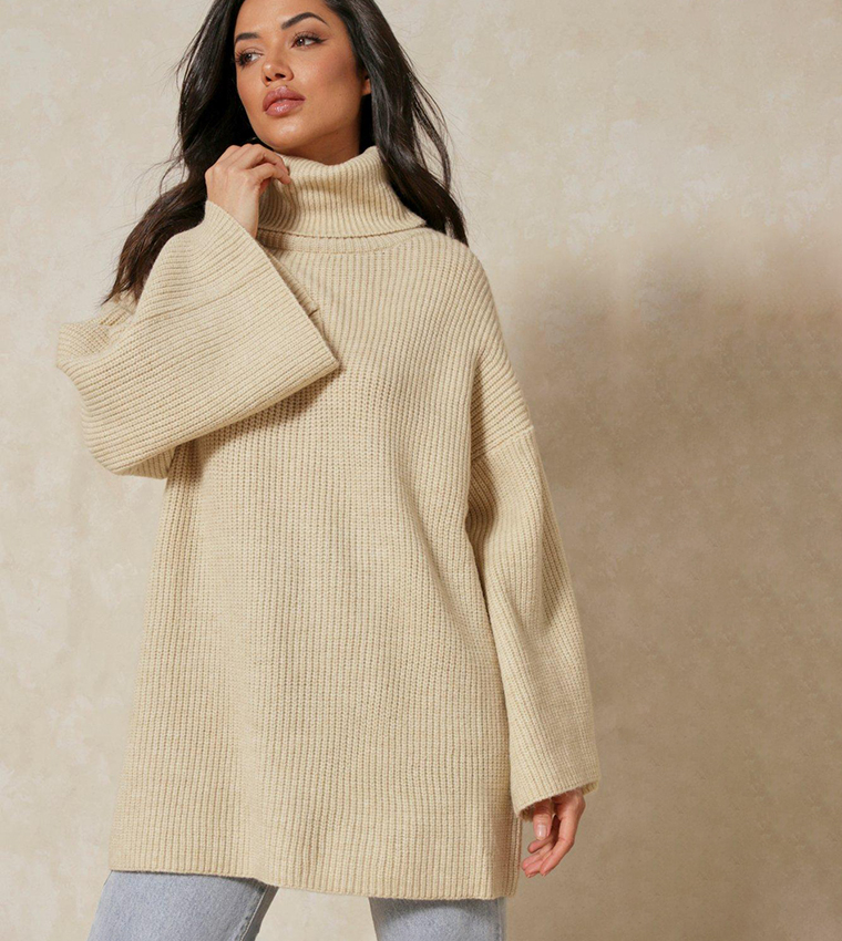 Buy MissPap Oversized Fluted Sleeves Rib Knit Turtleneck Sweater In ...
