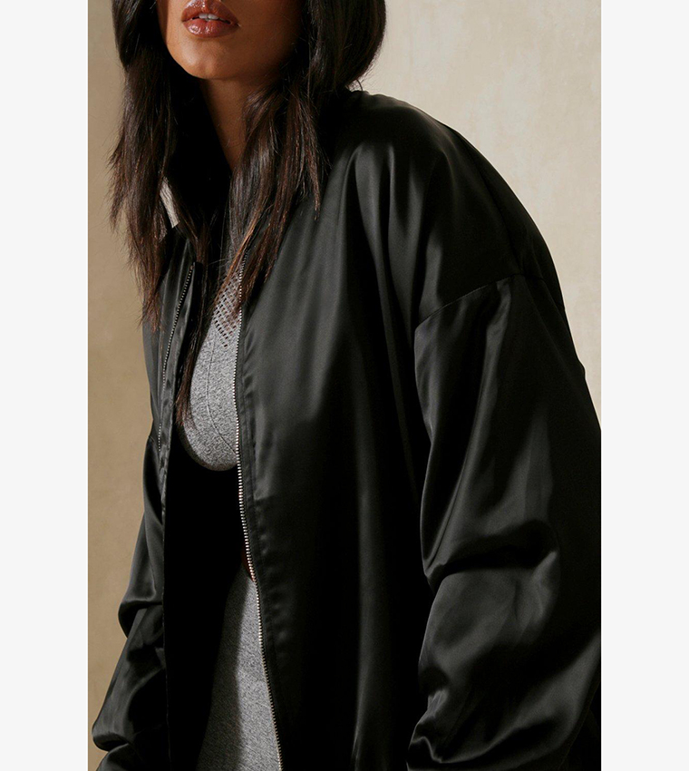 Buy MissPap Oversized Shoulder Pad Detail Satin Bomber Jacket In Black ...
