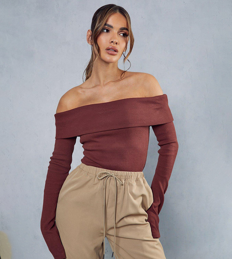 Buy MissPap Ribbed Off The Shoulder Long Sleeves Top In Brown ...