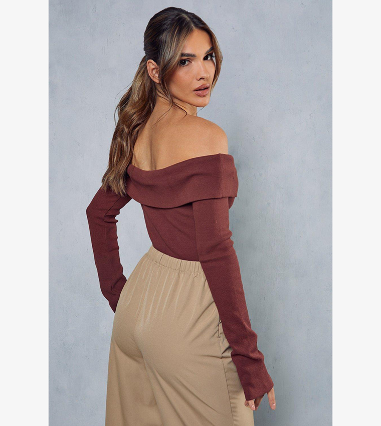 Buy MissPap Ribbed Off The Shoulder Long Sleeves Top In Brown ...