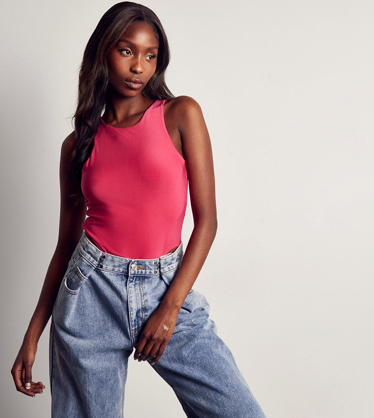 Buy MissPap Double Layer Racer Neck Bodysuit Top In Pink | 6thStreet Qatar