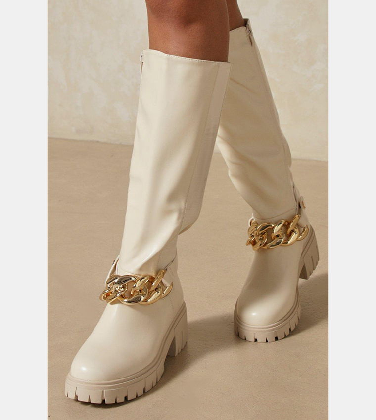 Buy MissPap Chunky Removable Chain Knee High Boots In Beige | 6thStreet ...