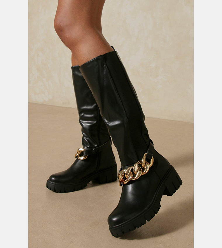 Buy MissPap Chunky Removable Chain Knee High Boots In Black | 6thStreet ...