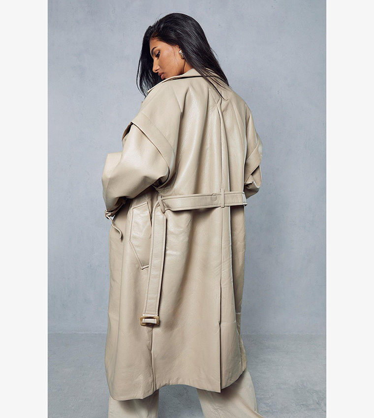 Buy MissPap Longline Oversized Leather Look Trench Coat In Beige | 6thStreet Qatar