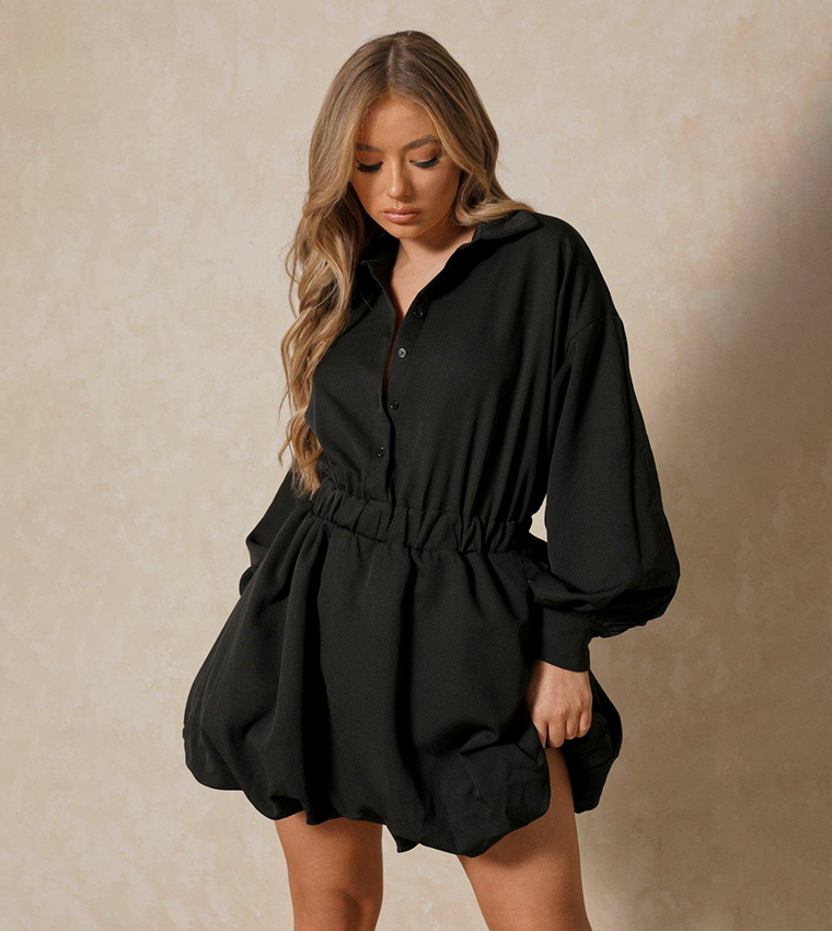Buy MissPap Button Up Extreme Puff Sleeves Mini Dress In Black ...