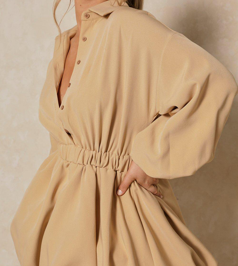 Buy MissPap Button Up Extreme Puff Sleeves Mini Dress In Camel ...