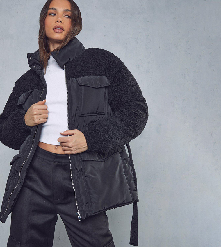 Buy MissPap Teddy Faux Fur Mix Belted Puffer Jacket In Black ...