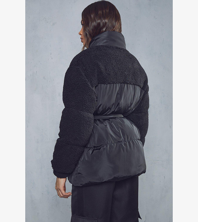 Buy MissPap Teddy Faux Fur Mix Belted Puffer Jacket In Black ...