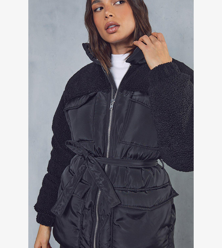 Buy MissPap Teddy Faux Fur Mix Belted Puffer Jacket In Black ...