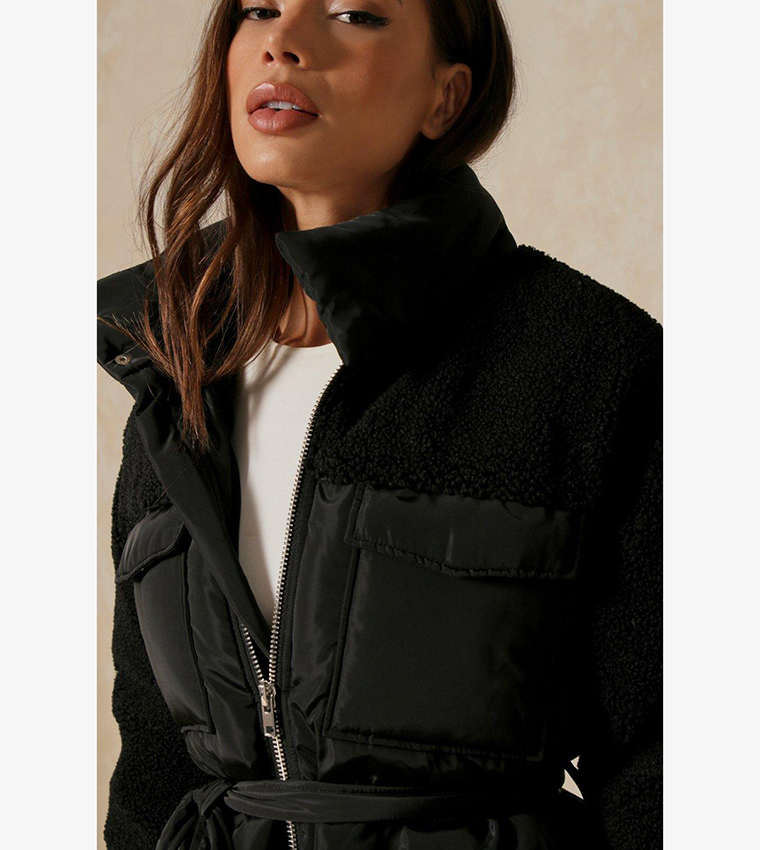 Buy MissPap Teddy Faux Fur Mix Belted Puffer Jacket In Black ...