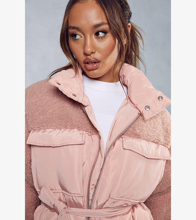 Buy MissPap Teddy Faux Fur Mix Belted Puffer Jacket In Pink | 6thStreet ...