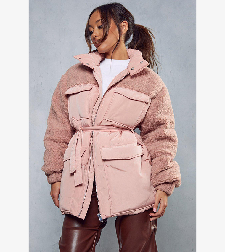 Buy MissPap Teddy Faux Fur Mix Belted Puffer Jacket In Pink | 6thStreet ...