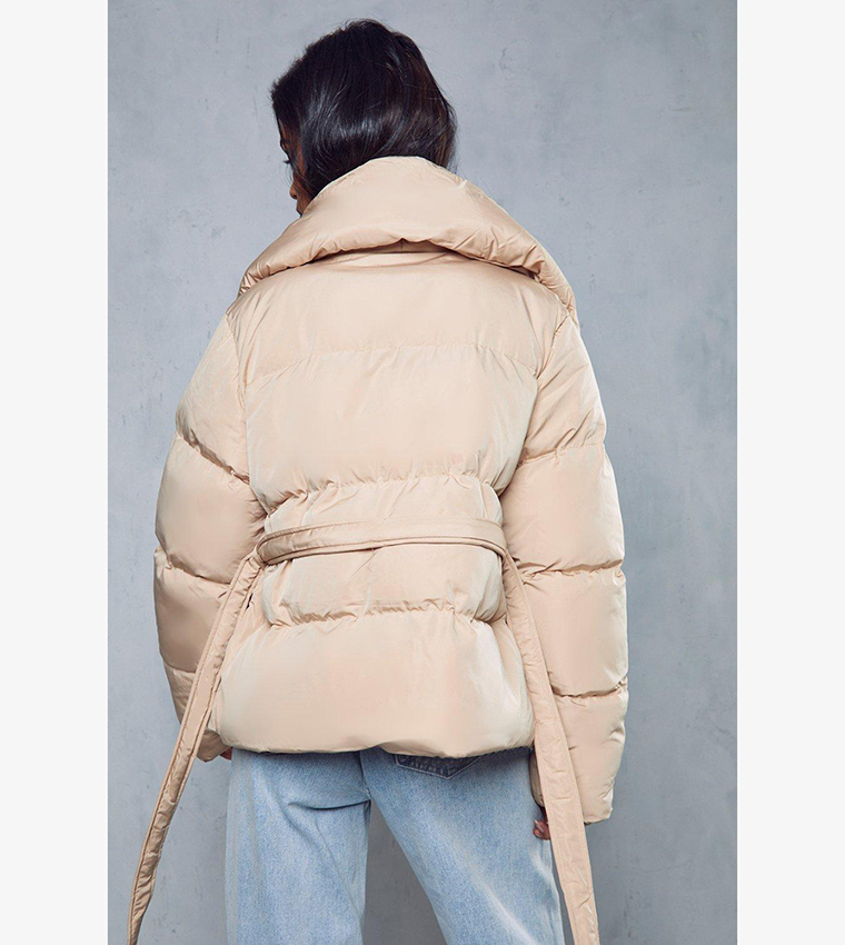 Buy MissPap Padded Collar Duvet Belted Puffer Coat In Beige | 6thStreet ...