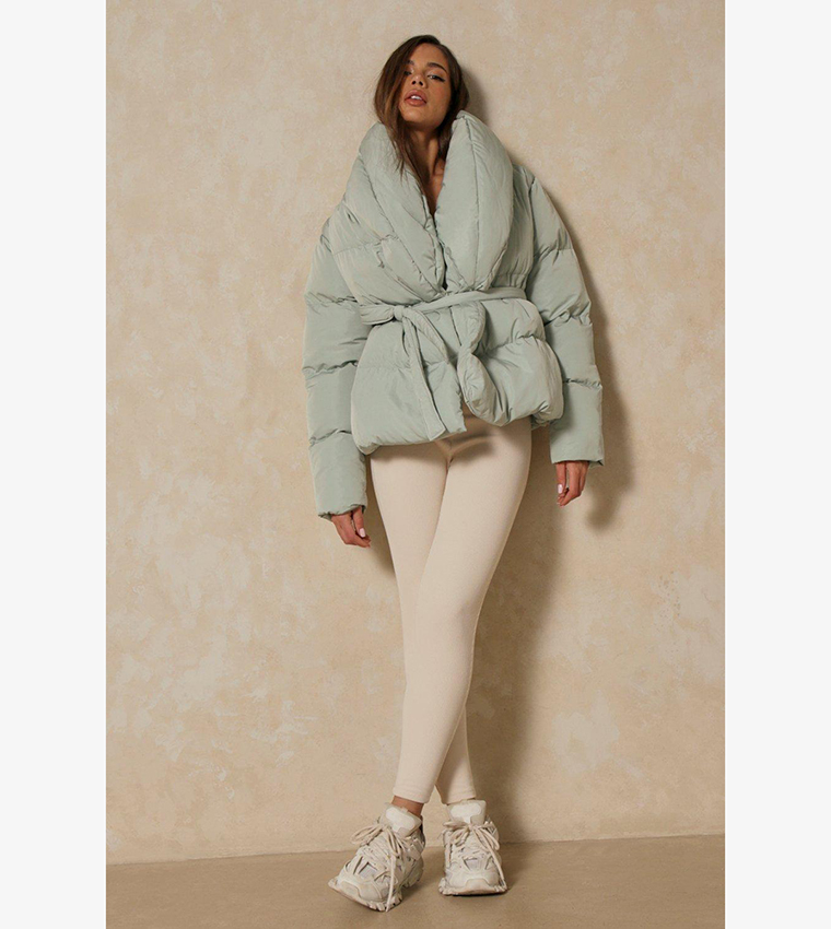 Buy MissPap Padded Collar Duvet Belted Puffer Coat In Green | 6thStreet ...