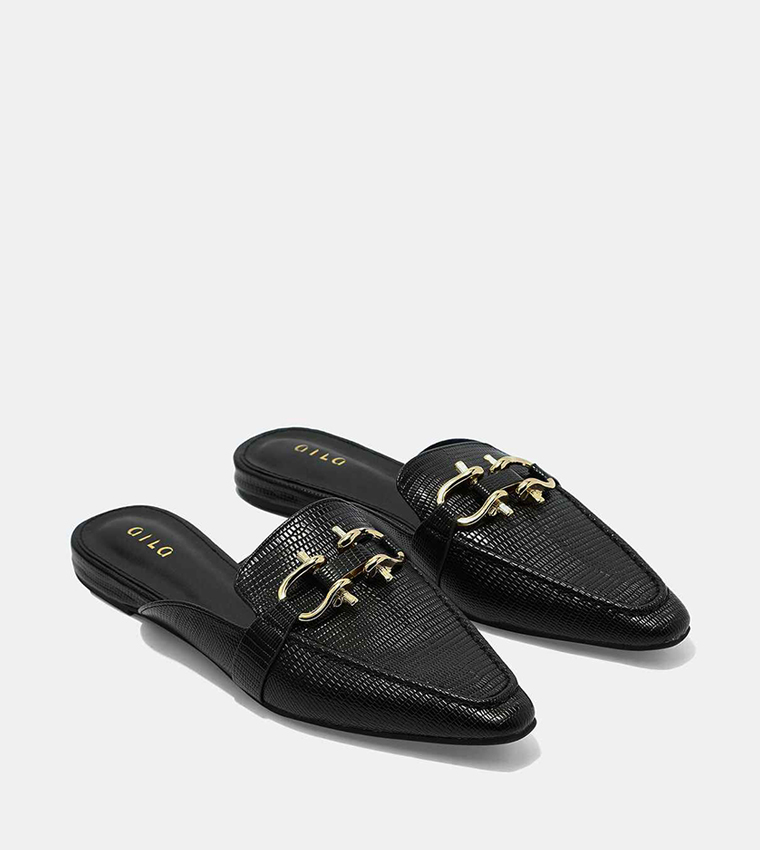 Buy HIS & HERS Textured Metal Decor Flat Mules In Black | 6thStreet Qatar