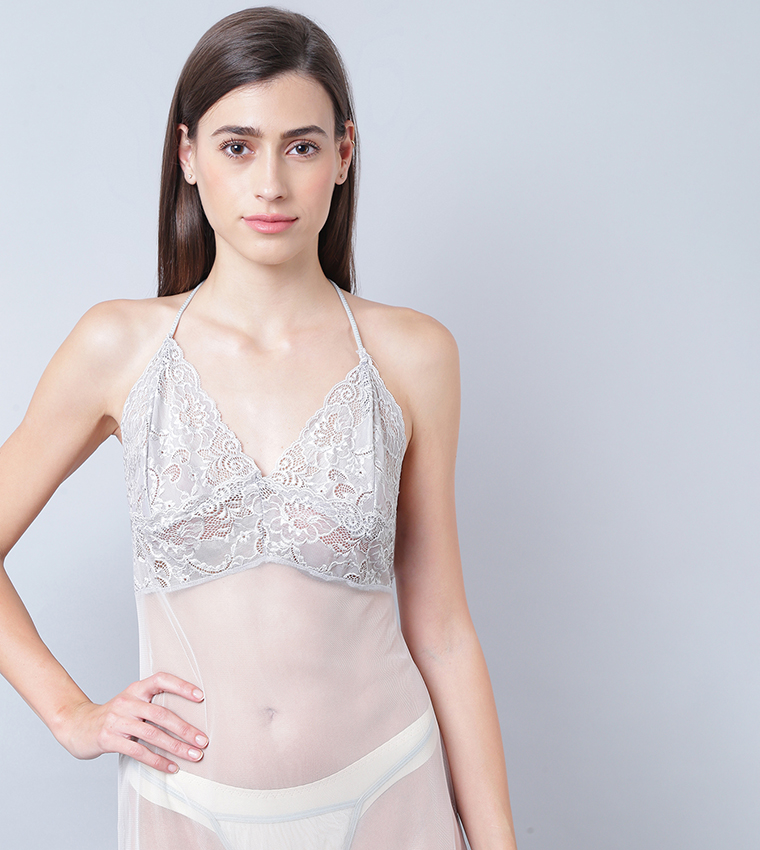 Buy HIS & HERS Sheer Lace Babydoll In Grey | 6thStreet Qatar