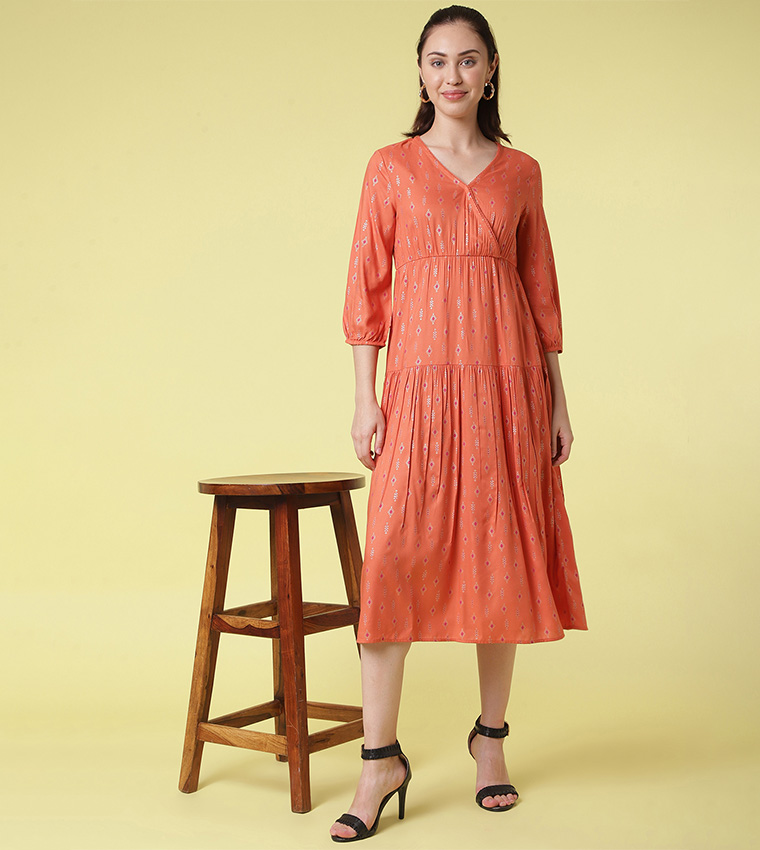 Buy HIS & HERS Printed Cross Over Yoke Waist Midi Dress In Brown ...