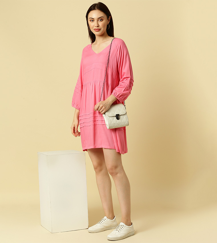 Buy HIS & HERS Solid Pleated Mini Dress In Pink | 6thStreet Oman