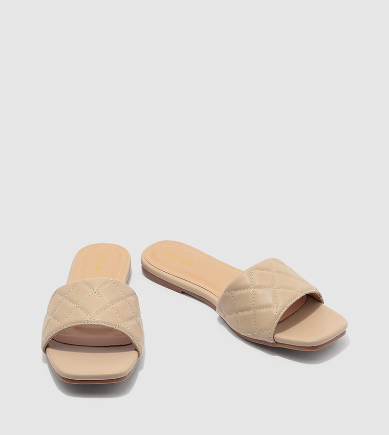 Buy HIS & HERS Round Toe Kitten Heel Sandals In Beige | 6thStreet Qatar