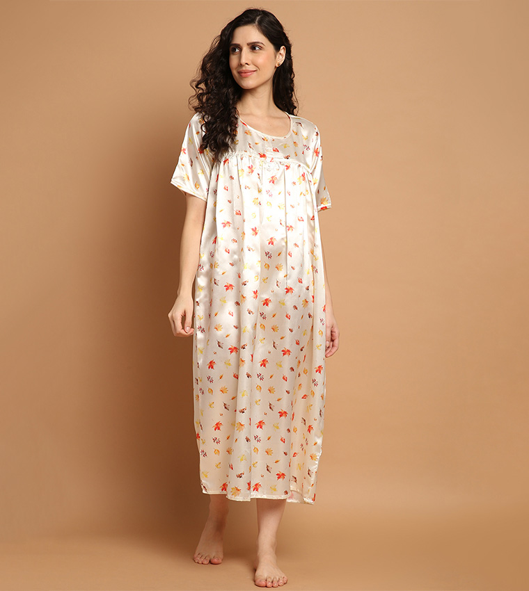 Buy HIS & HERS Printed Satin Maxi Night Dress In Gold | 6thStreet Qatar