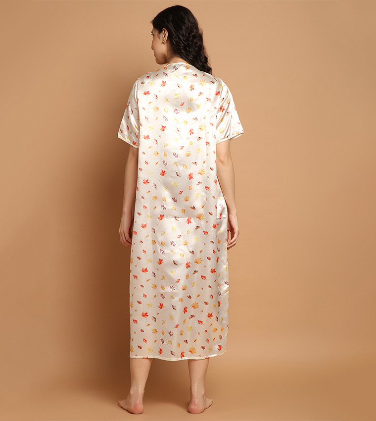 Buy HIS & HERS Printed Satin Maxi Night Dress In Gold | 6thStreet Kuwait