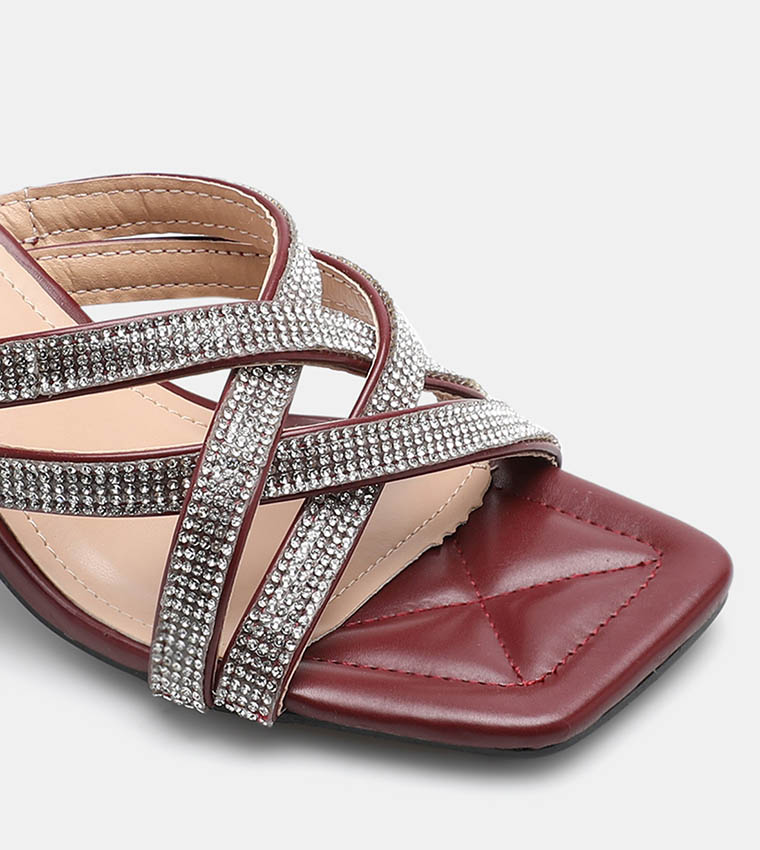 Buy HIS & HERS Embellished Spool Heel Sandals In Maroon | 6thStreet Qatar