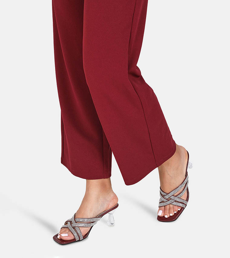 Buy HIS & HERS Embellished Spool Heel Sandals In Maroon | 6thStreet Qatar