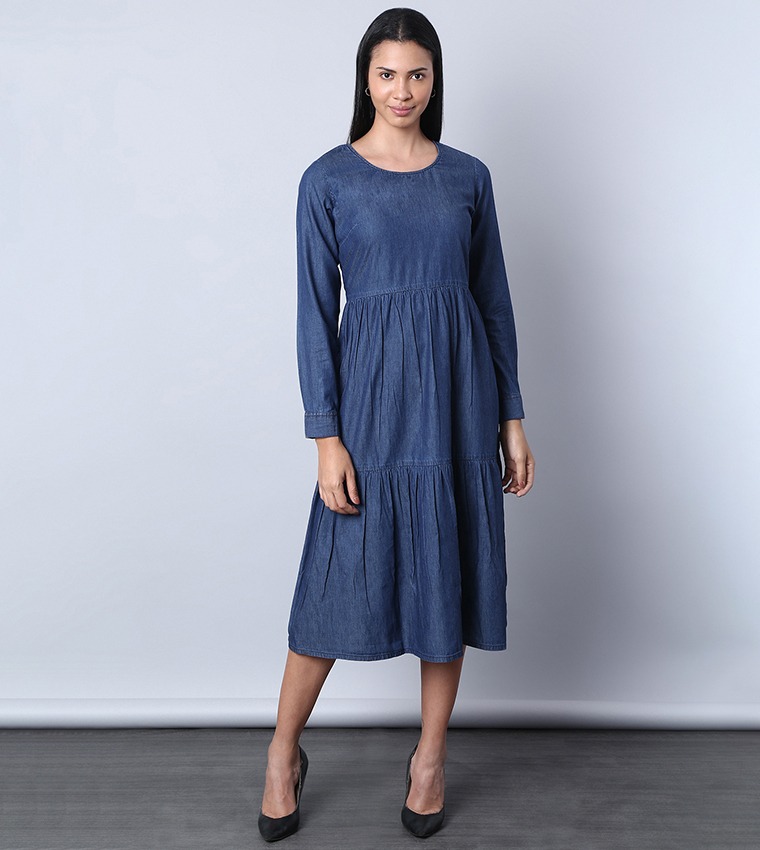 Buy His And Hers Tiered Denim Shirt Dress In Blue 6thstreet Bahrain