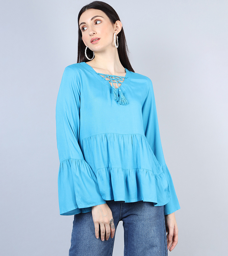Buy HIS & HERS Solid Tie Up Flare Top In Blue | 6thStreet Qatar