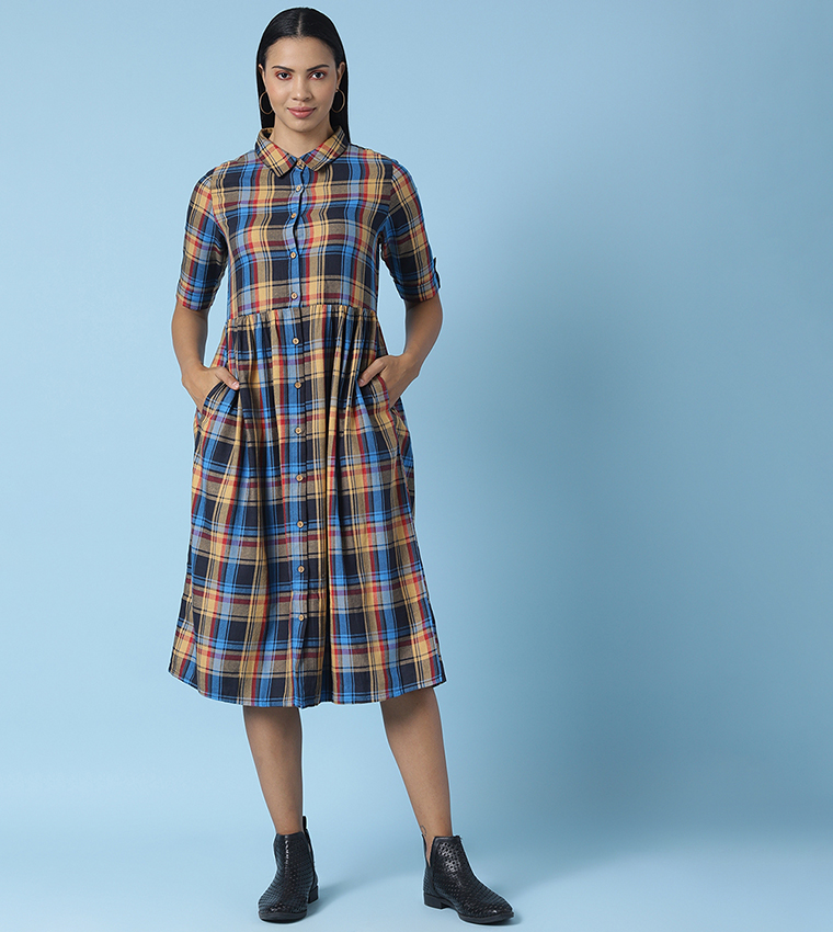 Buy HIS & HERS Plaid Check A Line Midi Dress In Multiple Colors ...