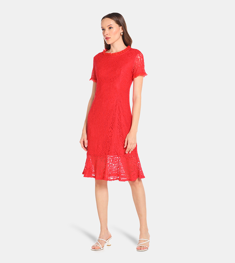 Buy HIS & HERS A Line Lace Midi Dress In Red | 6thStreet Qatar