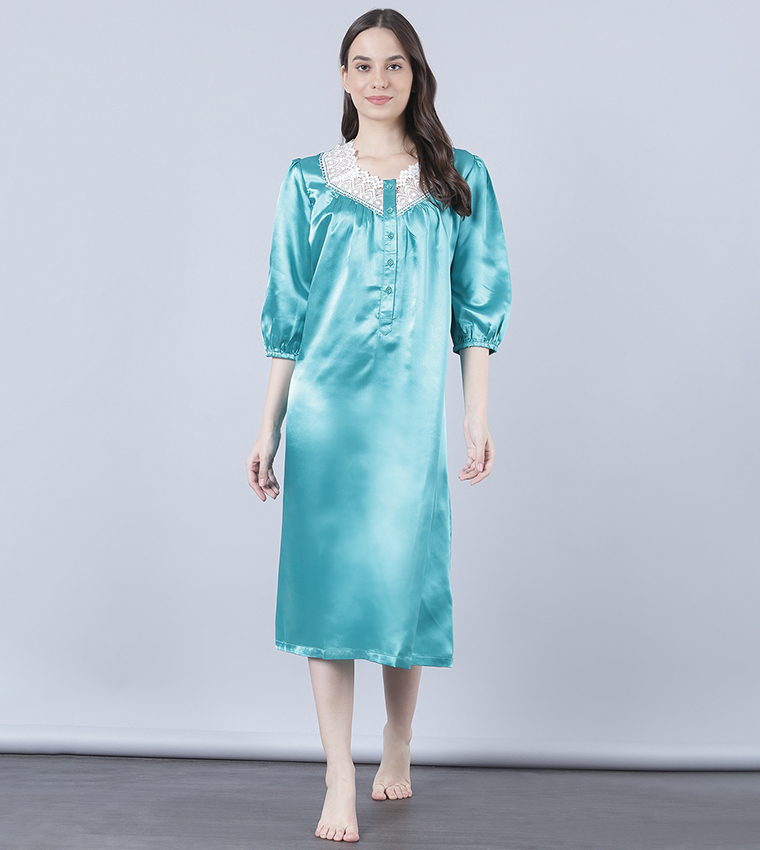 Buy HIS & HERS Solid Satin Midi Night Dress In Blue | 6thStreet Qatar