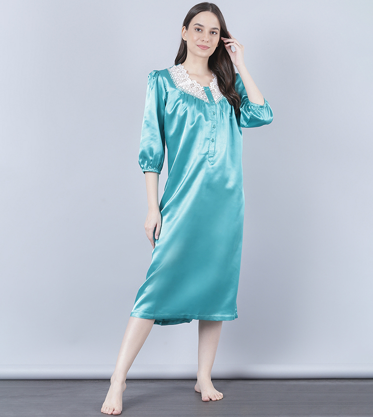 Buy HIS & HERS Solid Satin Midi Night Dress In Blue | 6thStreet Qatar