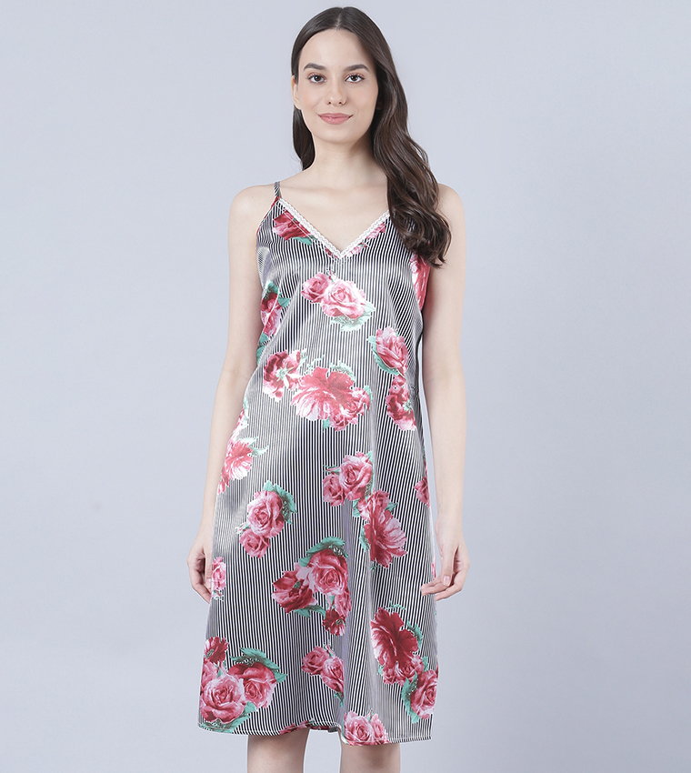 Buy HIS & HERS Printed Satin Night Dress In Grey | 6thstreet Qatar