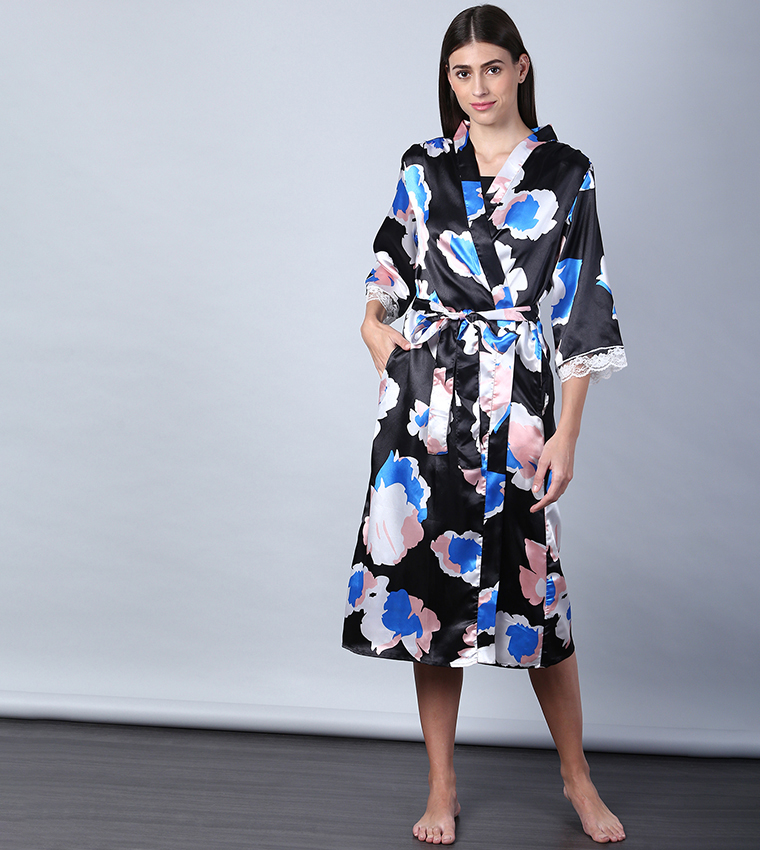 Buy HIS & HERS Printed Satin Night Robe In Black | 6thStreet Qatar