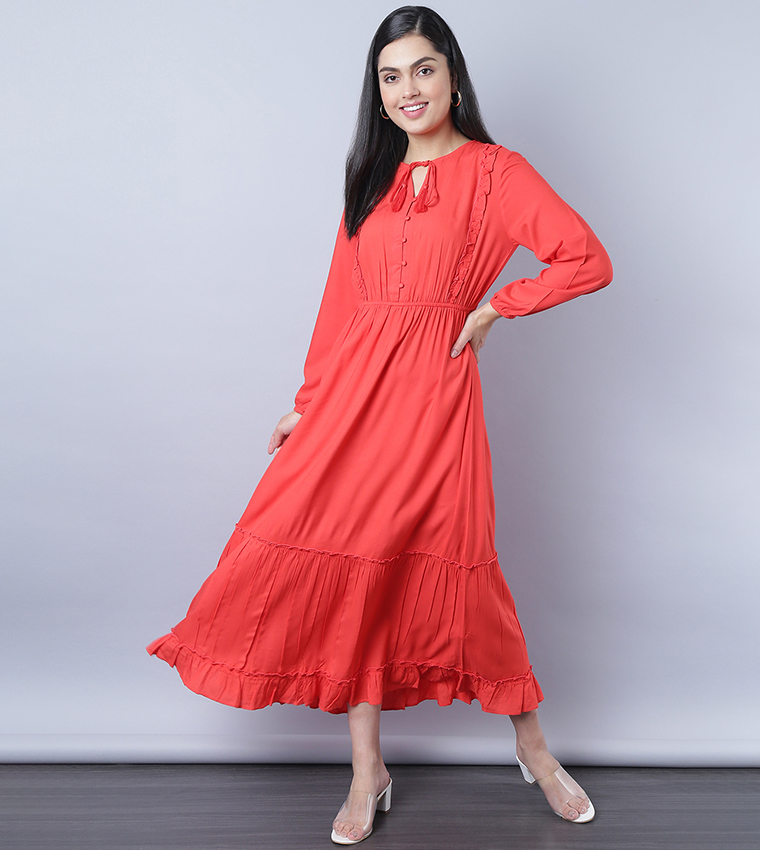 Buy HIS & HERS Solid Tiered Midi Dress In Red | 6thStreet Qatar