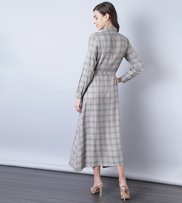 Buy HIS & HERS Plaid Check Belted Maxi Dress In Grey | 6thStreet Qatar
