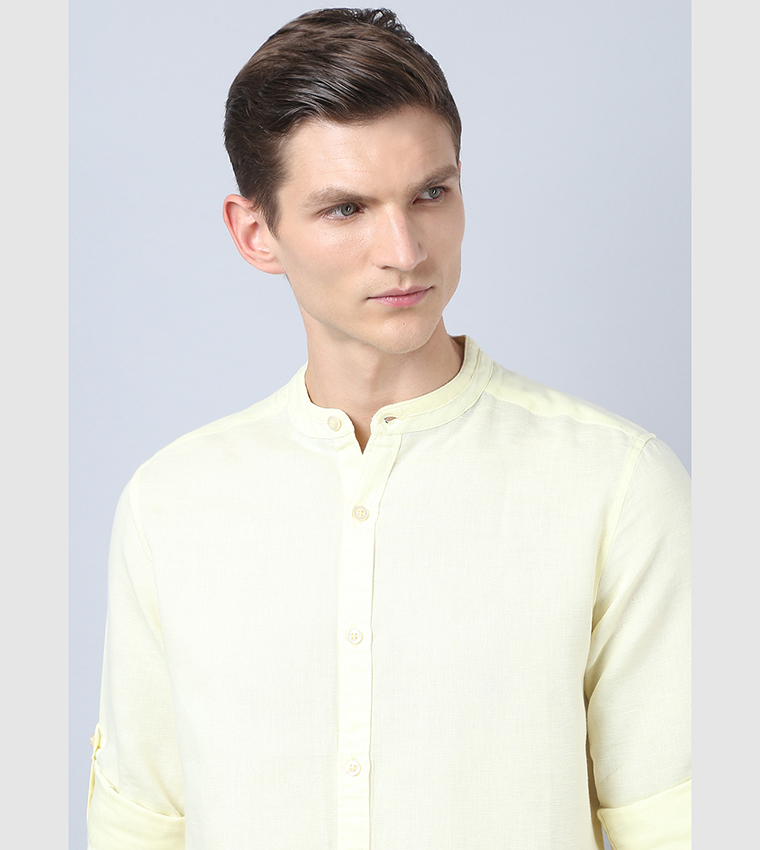 Buy HIS & HERS Regular Fit Mandarin Collar Shirt In Yellow | 6thStreet UAE