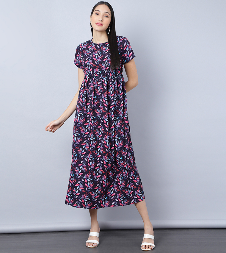 Buy HIS & HERS Printed Empire Maxi Dress In Purple | 6thStreet Qatar