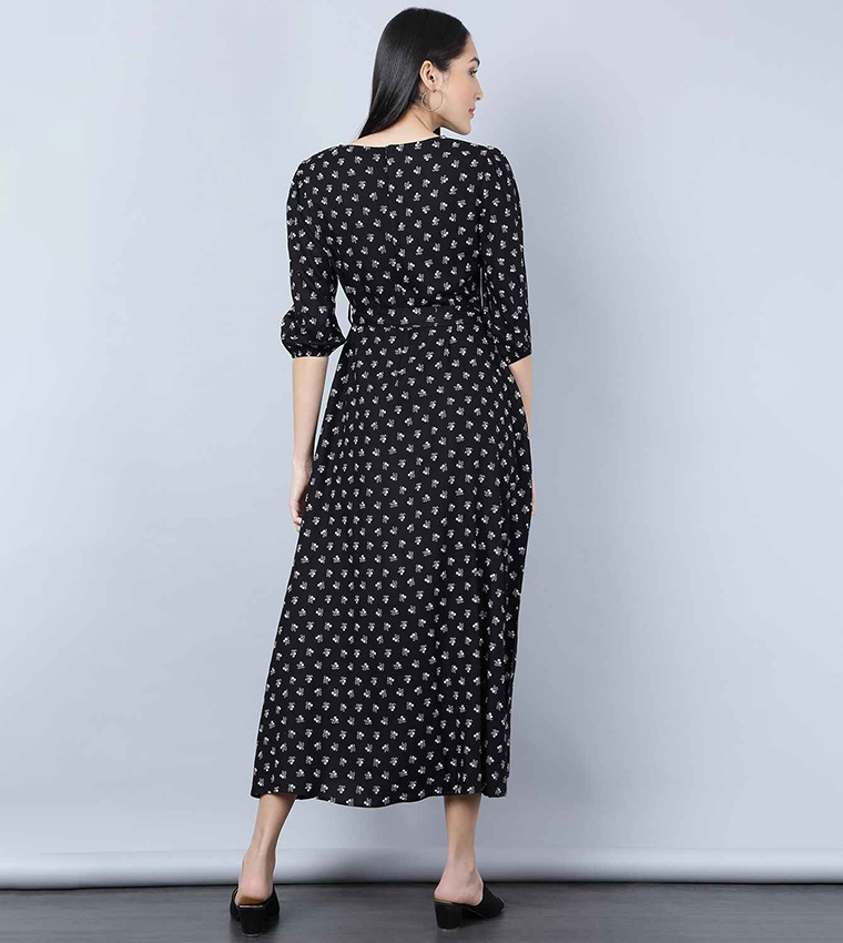 Buy HIS & HERS Printed Belted Maxi Dress In Black | 6thStreet Qatar