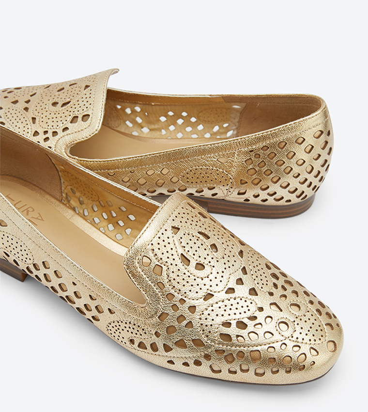 Buy Naturalizer Eve Cutout Detailed Block Heel Loafers Gold In Gold ...