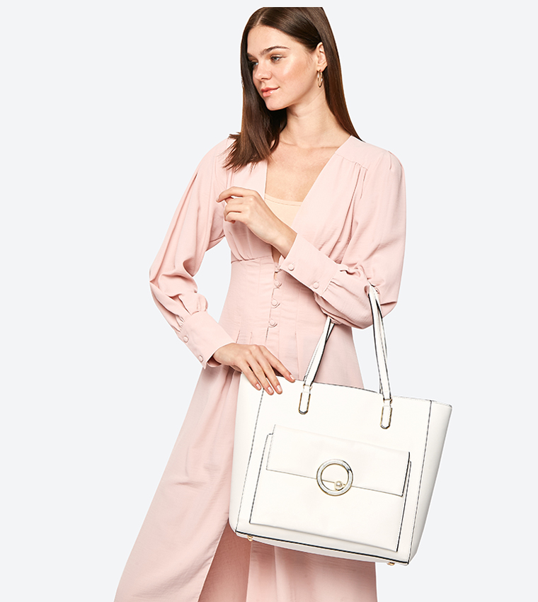 Buy Nine West Fatinah Double Handle Front Pocket Details Tote Bag White ...