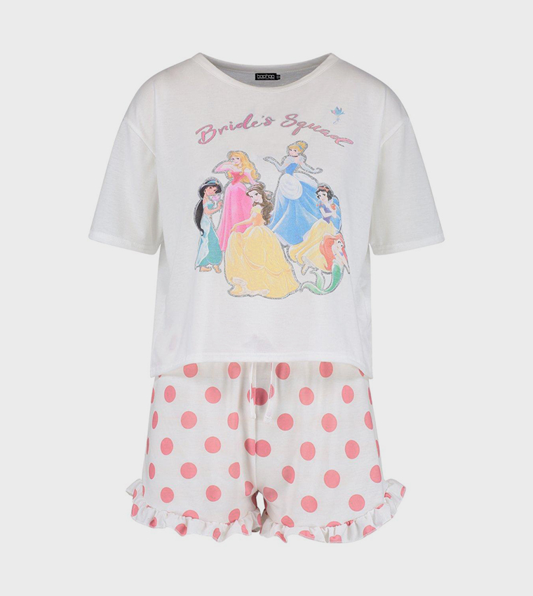Buy Boohoo Disney Princess 'Brides Squad' Frill Pajama Set In White ...