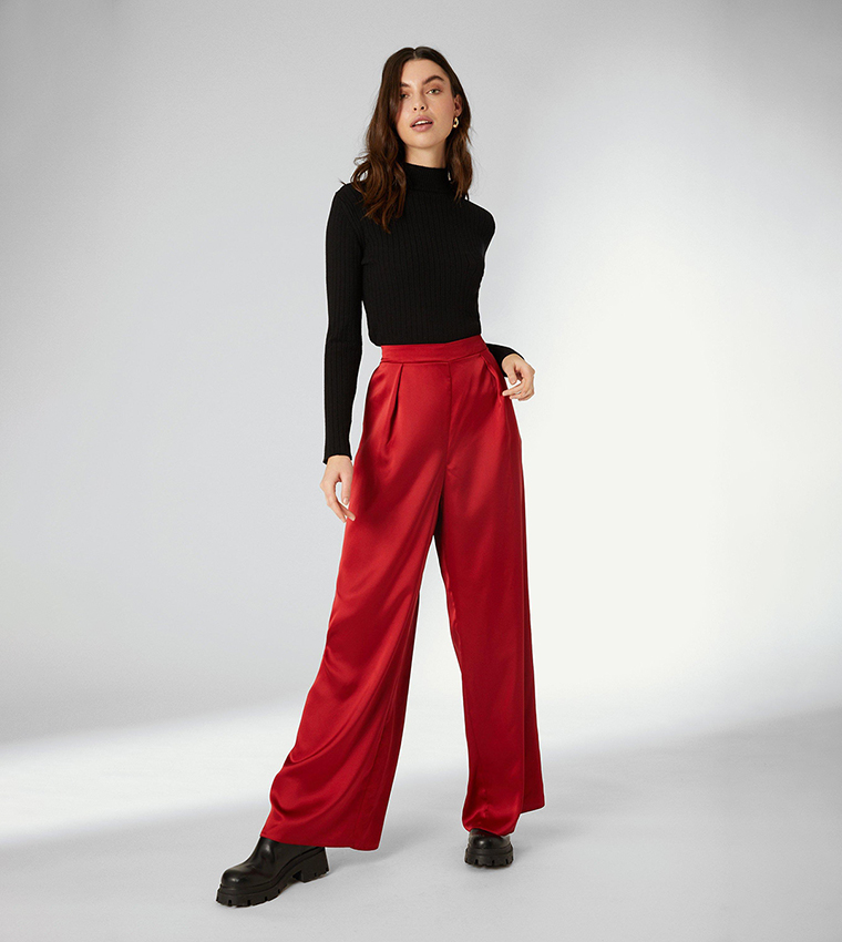 Buy Principles Satin Wide Leg Trouser Co Ord Set In Red | 6thStreet UAE