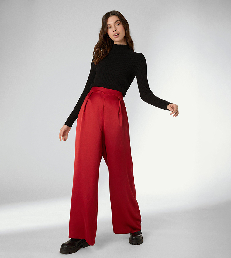 Buy Principles Satin Wide Leg Trouser Co Ord Set In Red | 6thStreet UAE
