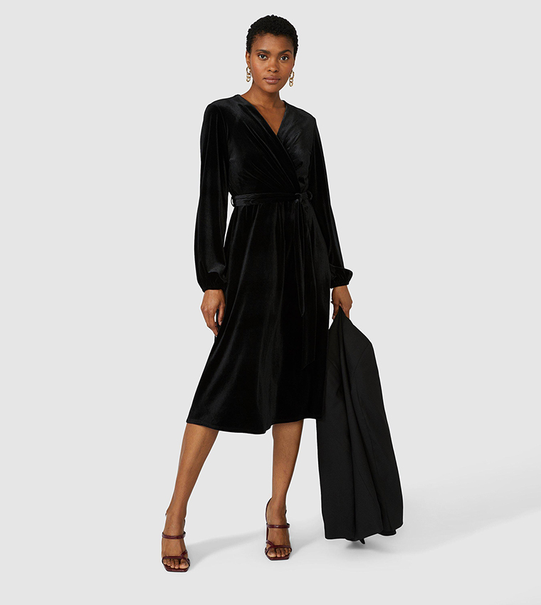 Buy Principles Velvet Wrap Midi Dress In Black | 6thStreet UAE